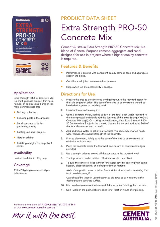 Cement Australia - Extra Strength PRO-50 Concrete Mix | PDF