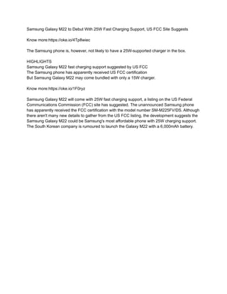Samsung Galaxy M22 to Debut With 25W Fast Charging Support, US FCC Site ...