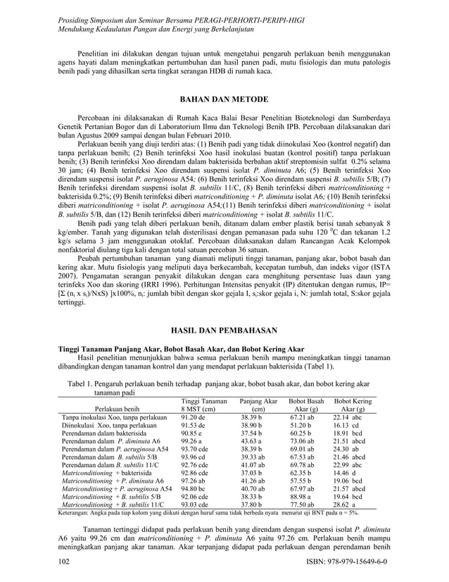 PENGARUH PERLAKUAN BENIH DENGAN AGENS HAYATI TERHADAP PERTUMBUHAN TANAMAN, HASIL PADI DAN MUTU ...