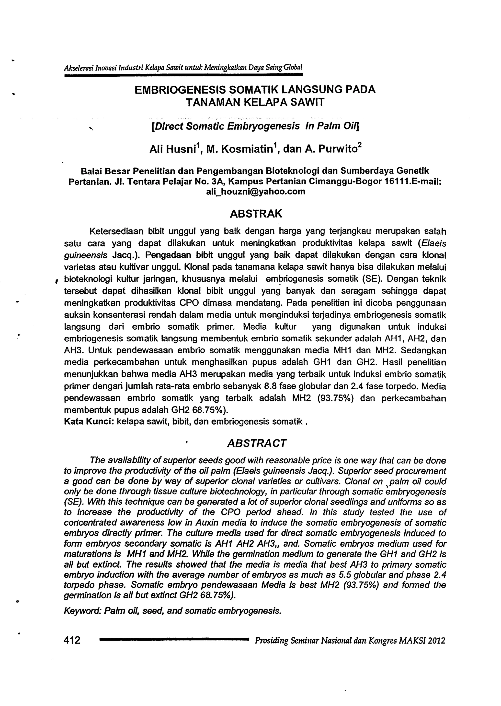 EMBRIOGENESIS SOMATIK LANGSUNG PADA TANAMAN KELAPA SAWIT | PDF