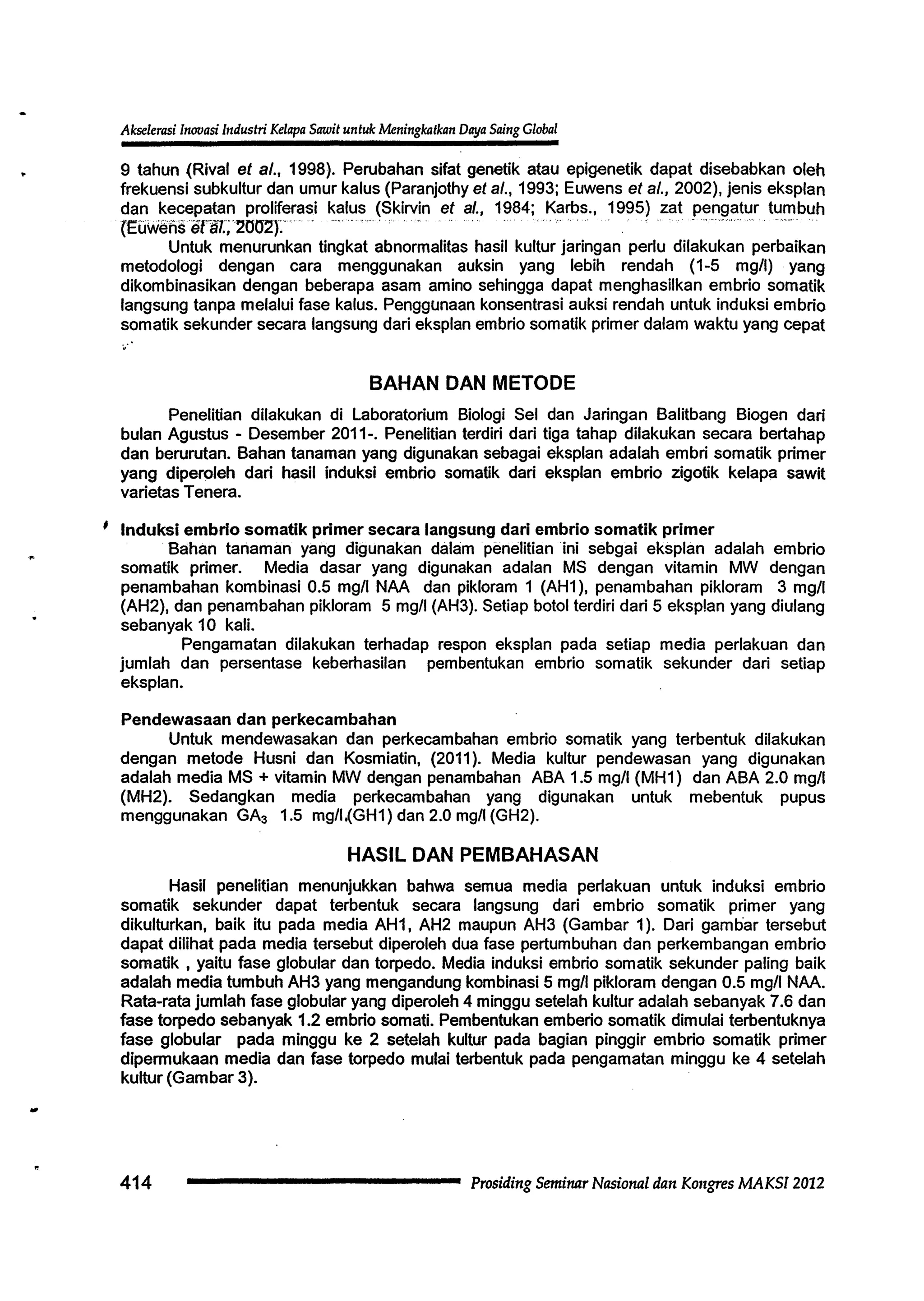 EMBRIOGENESIS SOMATIK LANGSUNG PADA TANAMAN KELAPA SAWIT | PDF