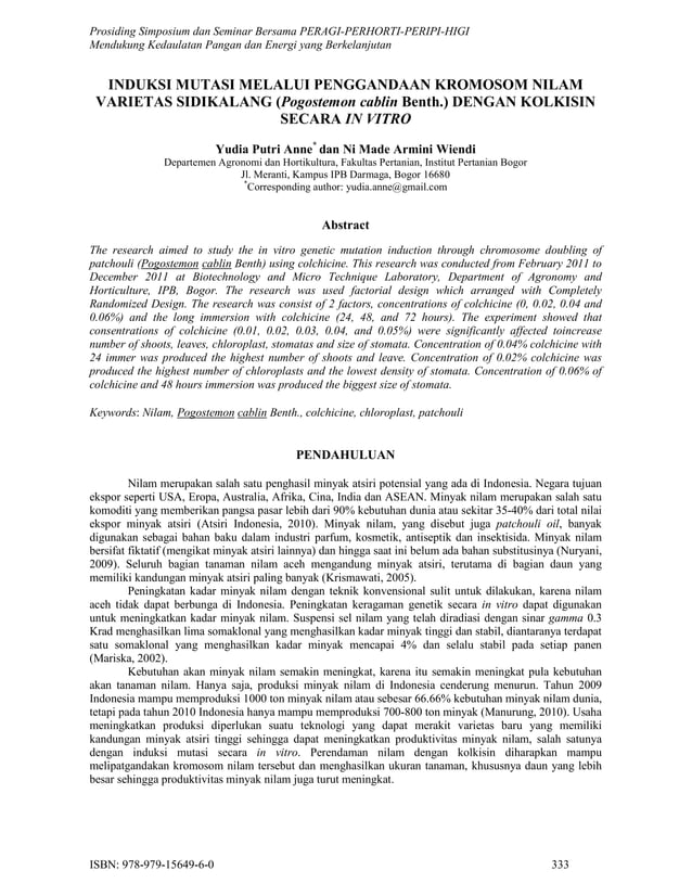 INDUKSI MUTASI MELALUI PENGGANDAAN KROMOSOM NILAM VARIETAS SIDIKALANG ...