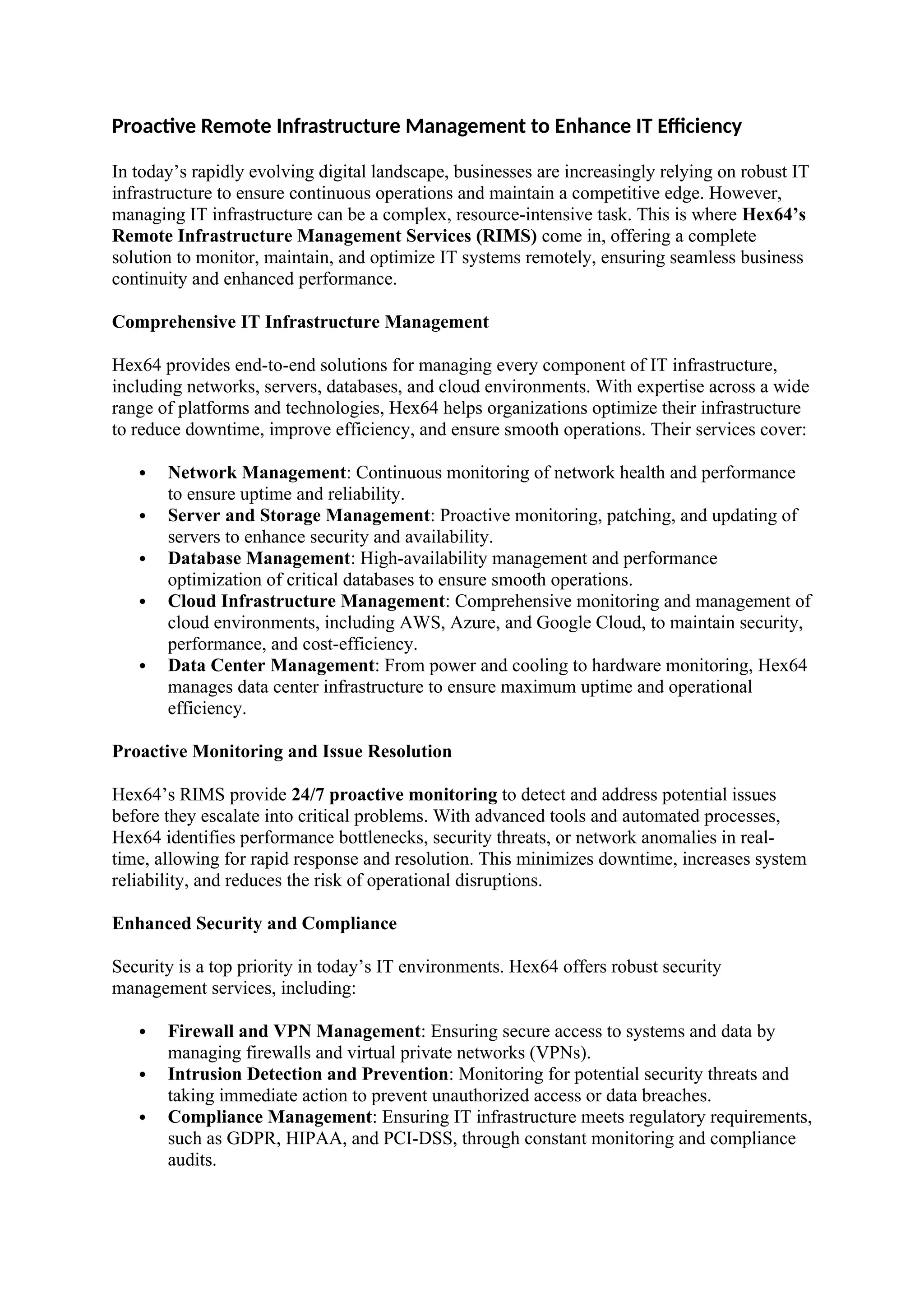 Proactive Remote Infrastructure Management To Enhance It Efficiency Docx Cloud Computing