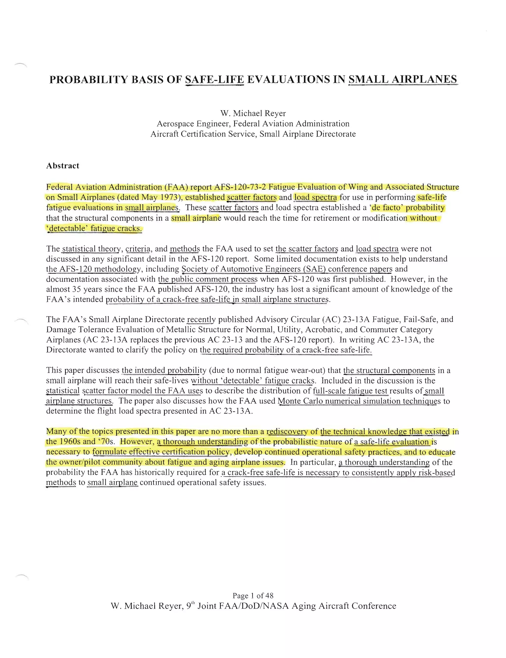 Probability basis of safe life evaluation in small airplanes by w ...