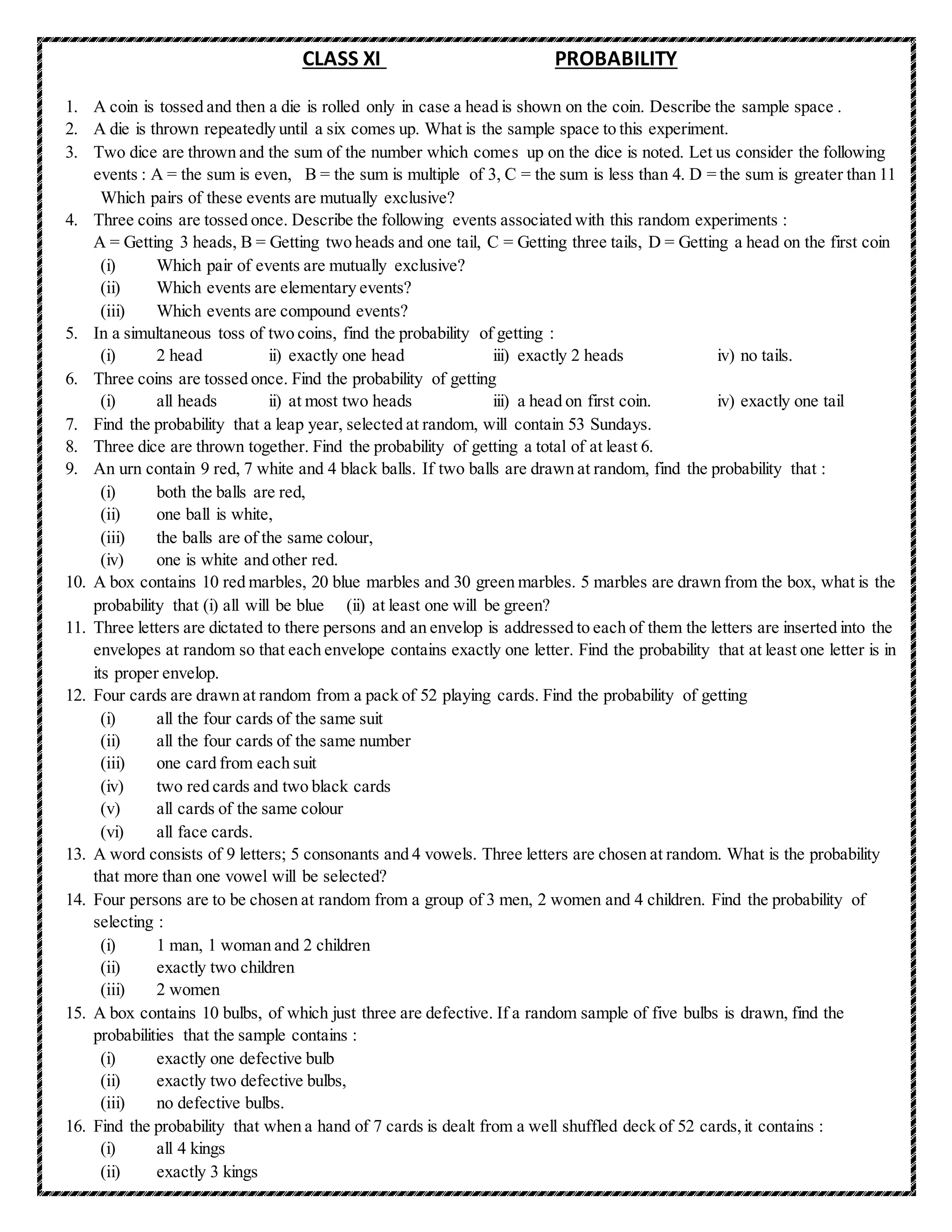 Probability class 11 | DOCX