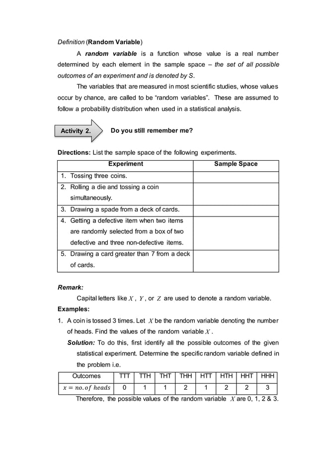 Probability distribution of a random variable module | DOCX | Physics | Science