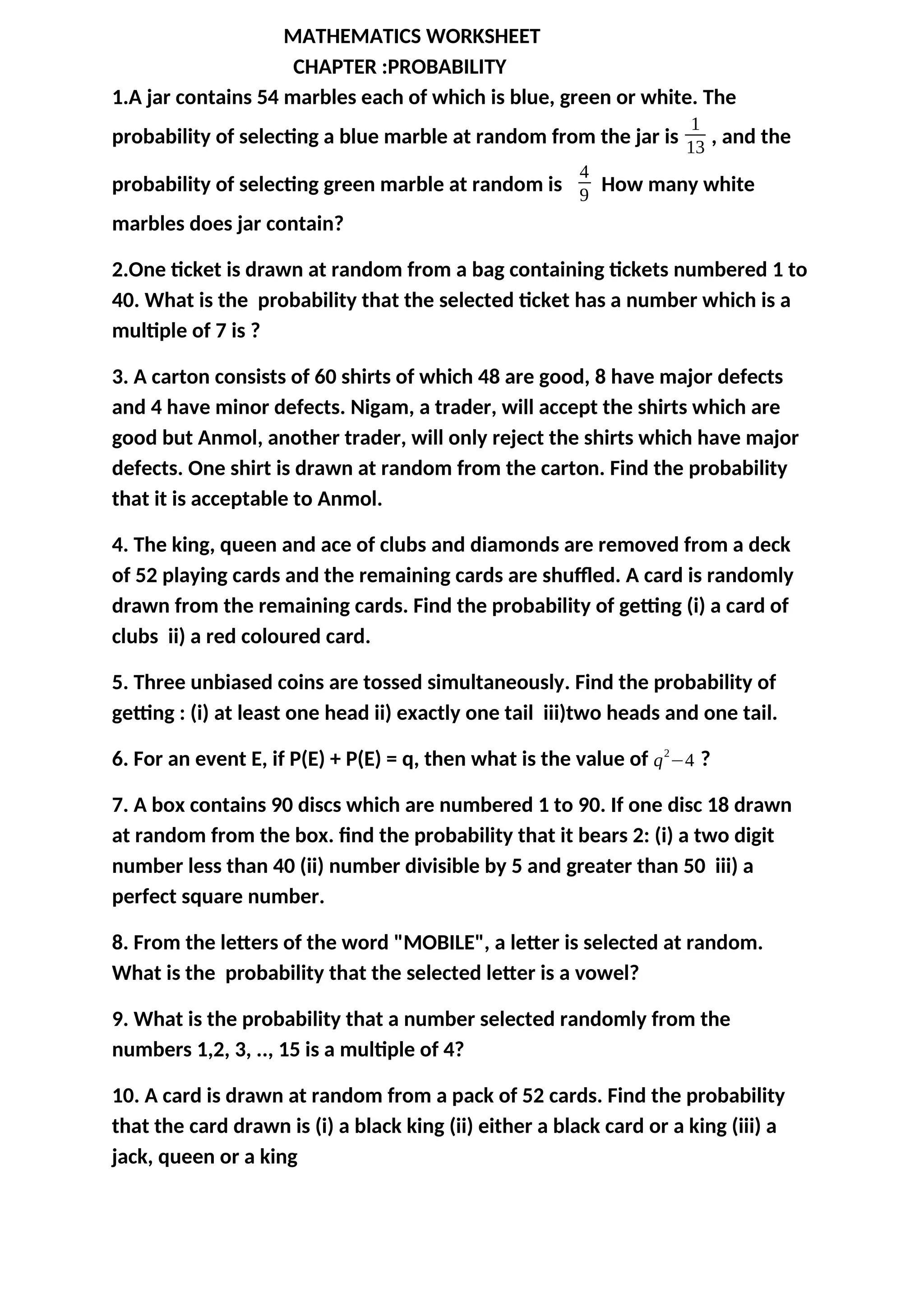probability worksheet. for solving 10th std students | PDF