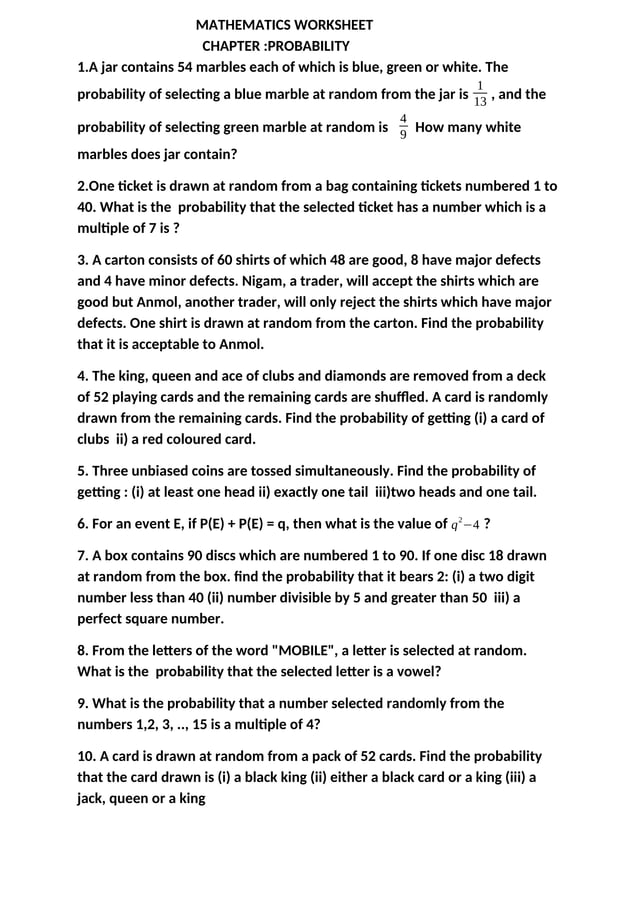 probability worksheet. for solving 10th std students | PDF
