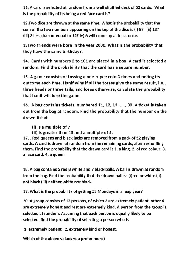 probability worksheet. for solving 10th std students | PDF