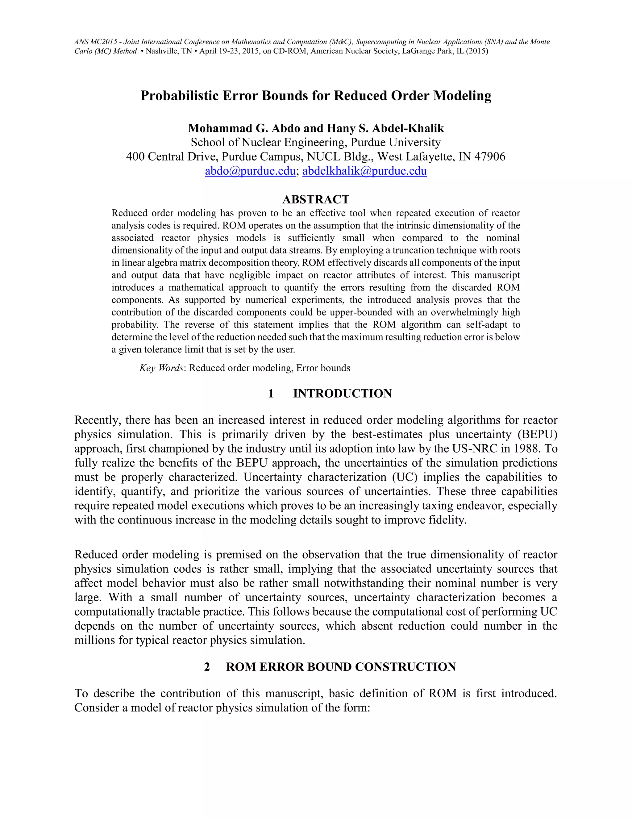 Probabilistic Error Bounds for Reduced Order Modeling M&C2015 | PDF