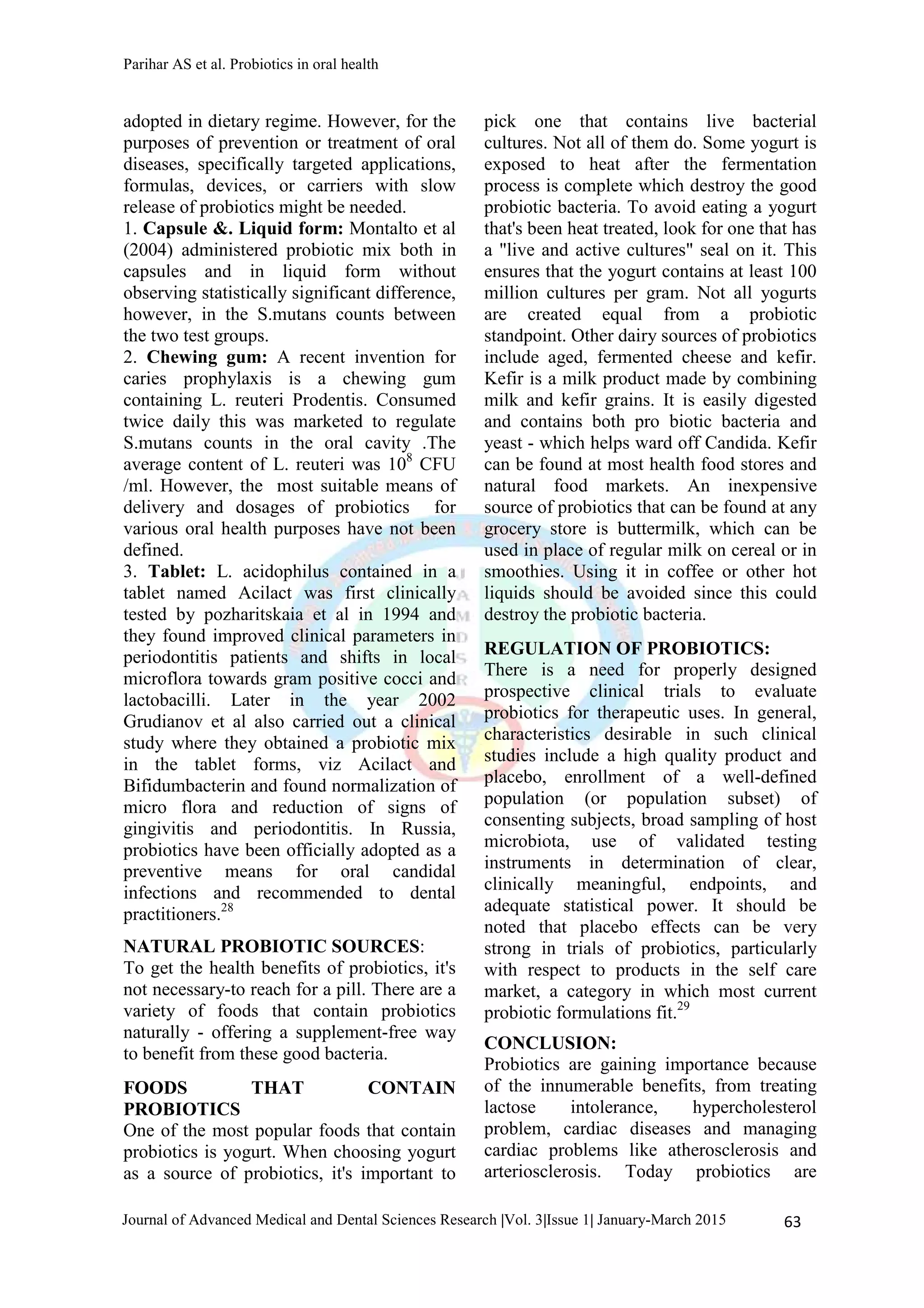 Probiotics in Oral Health: A Review | PDF