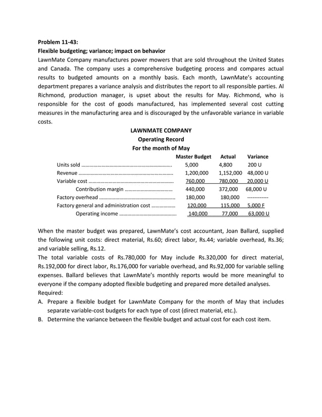 Problem 11 - 43 flexible budgeting; variances; impact on behavior | PDF