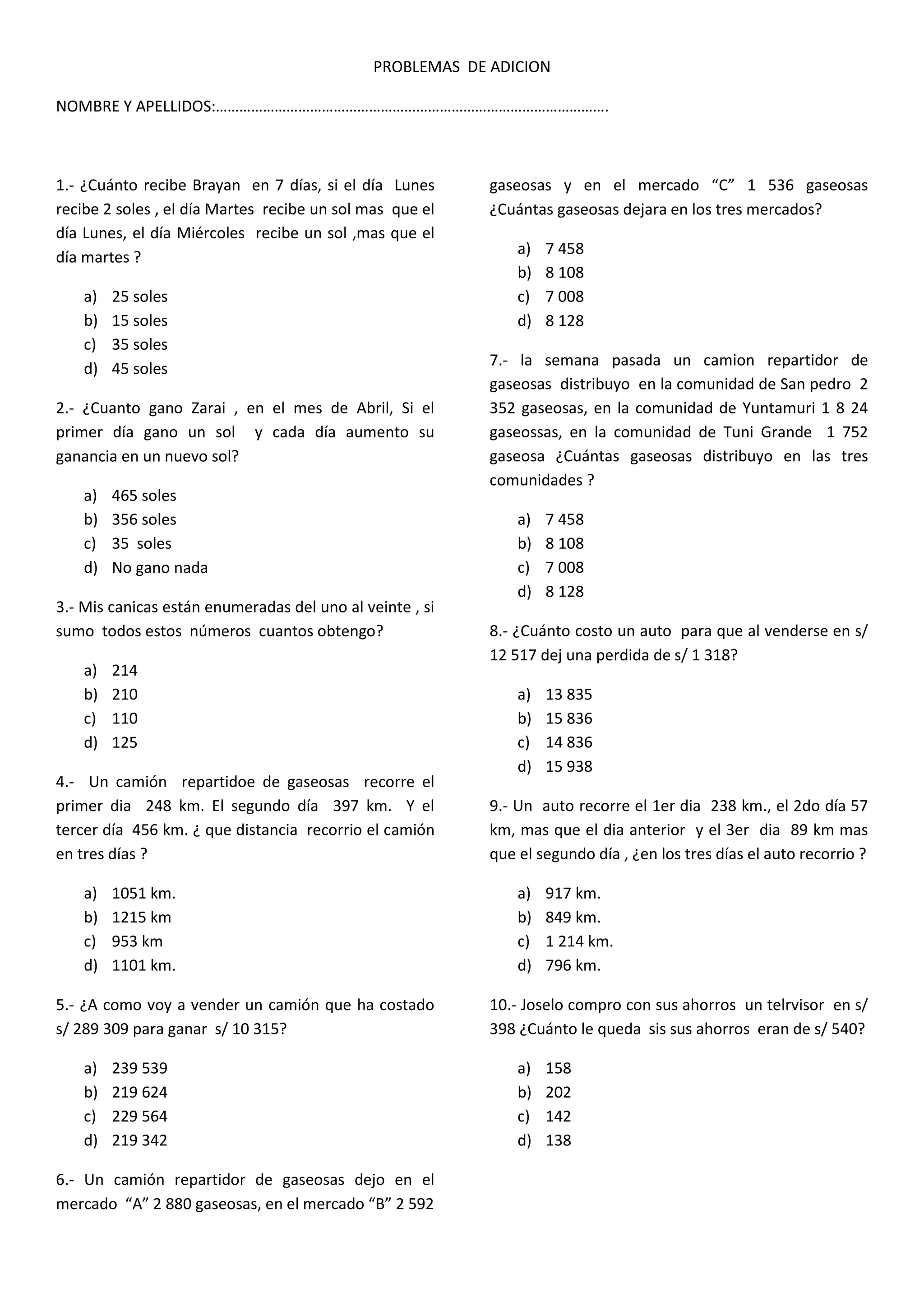 Problemas de adicion | DOCX