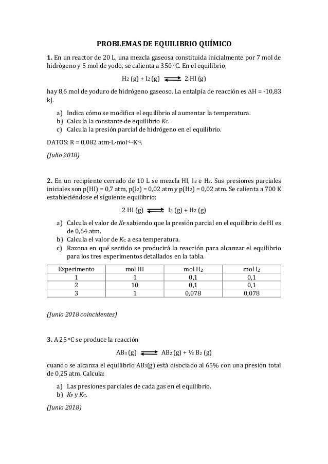 Problemas De Repaso De Equilibrio Quimico
