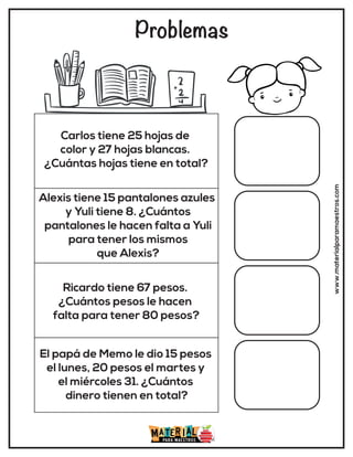 Hojas De Trabajo Con Problemas De Palabras Para Primer Grado Fichas De