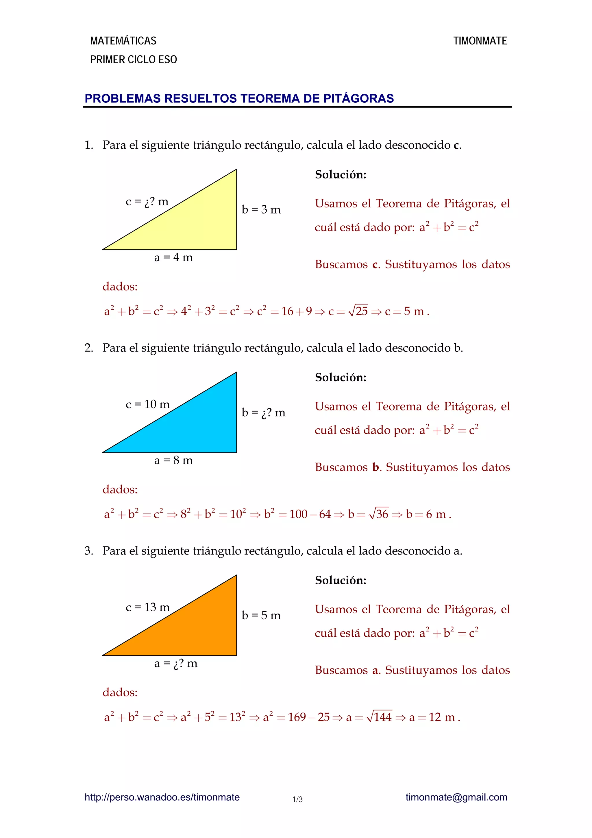 Hoja De Trabajo Con Problemas Del Teorema De Pitágoras
