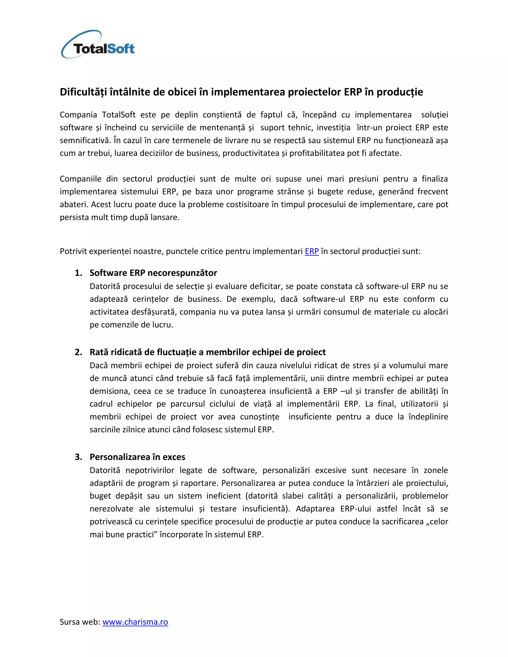 Probleme in implementarile erp in productie | PDF