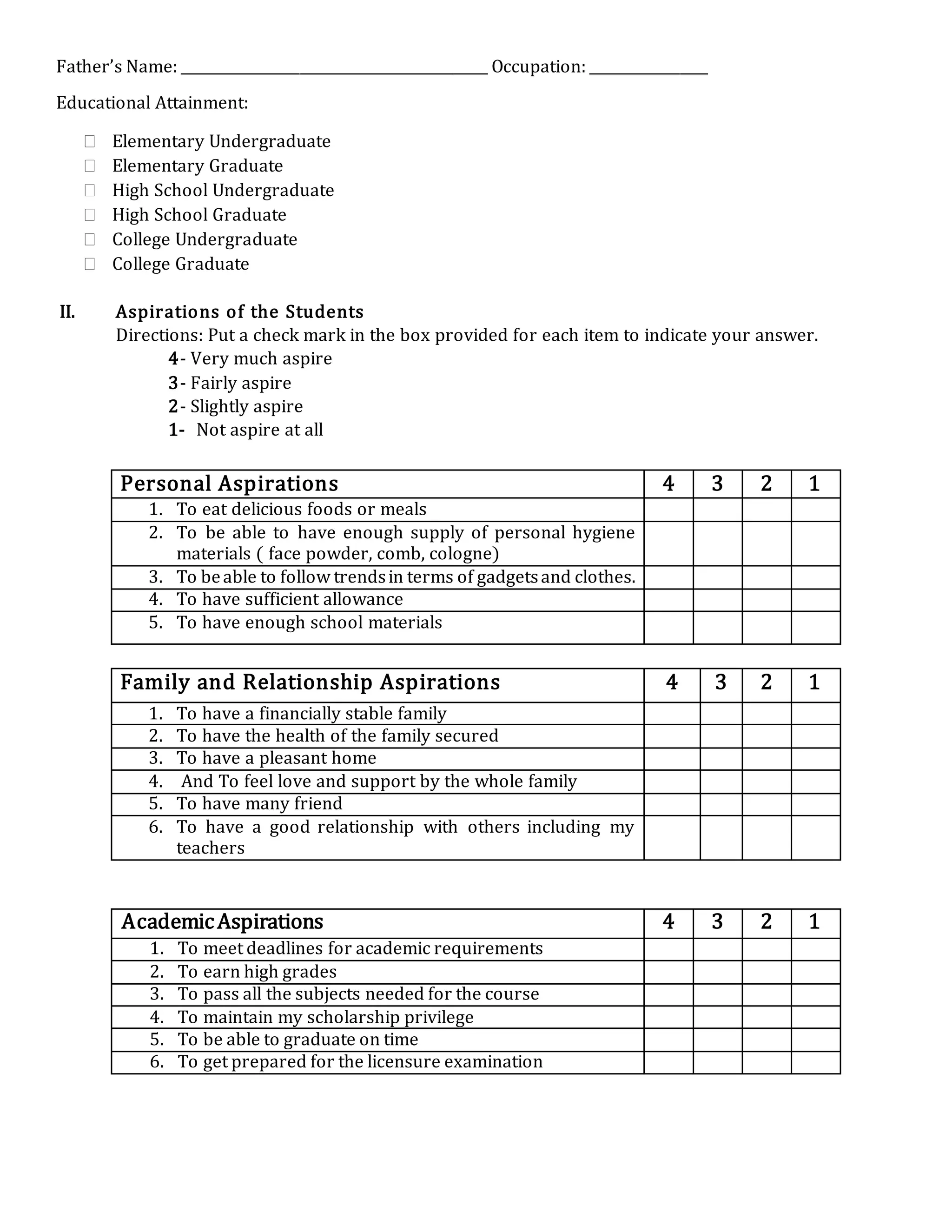 Problems and aspiration Questionnaire | DOCX