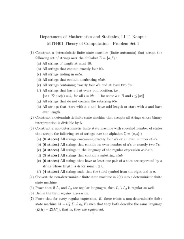 Problem set1 | Theory of Computation | Akash Anand | MTH 401A | IIT Kanpur | PDF