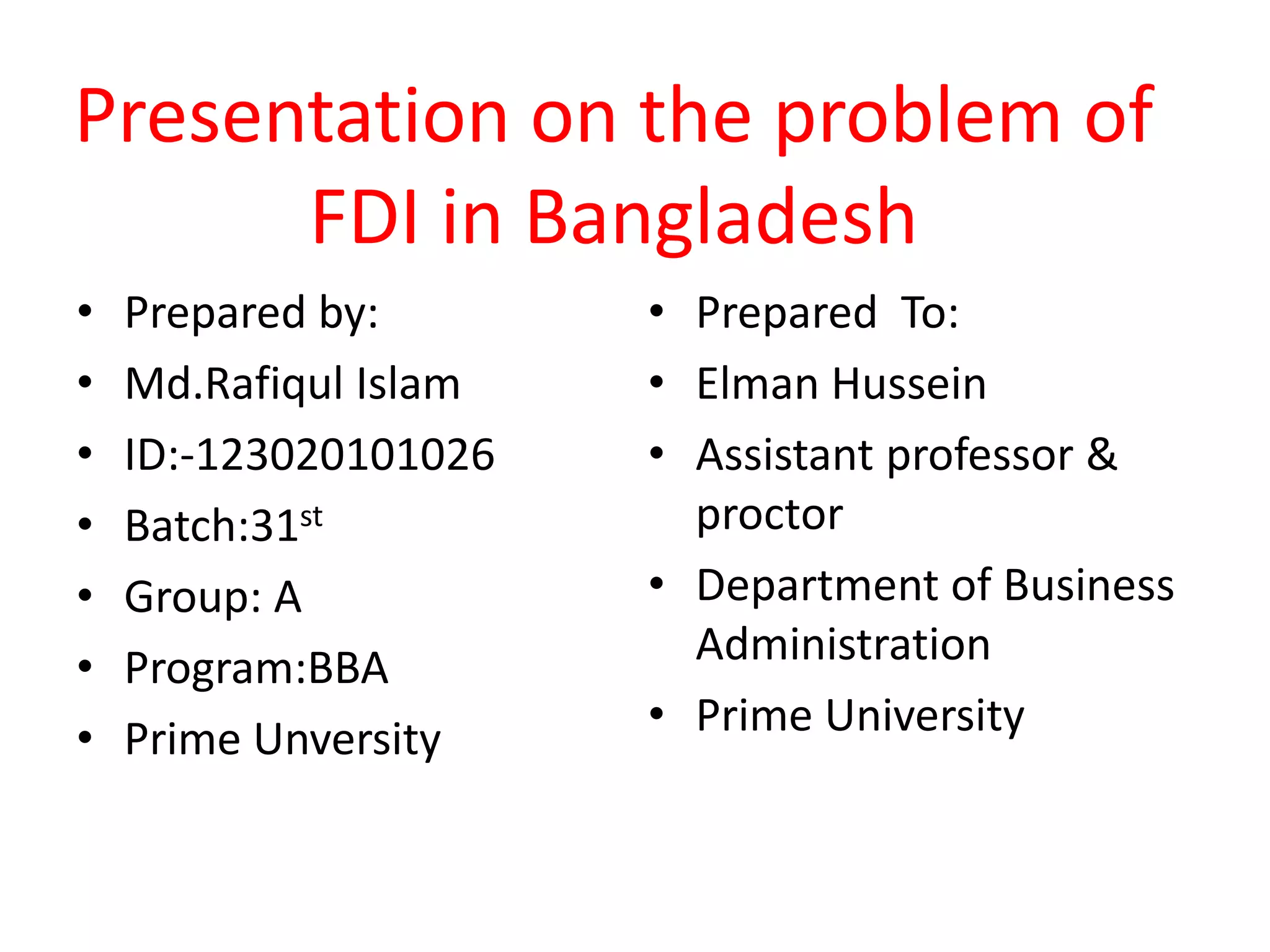 Problems of fdi in bangladesh | PPTX