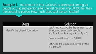 Problem solving involving arithmetic sequences and series | PPTX