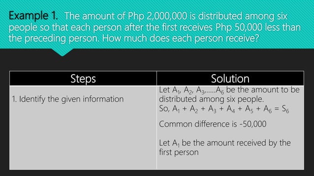 Problem solving involving arithmetic sequences and series | PPTX