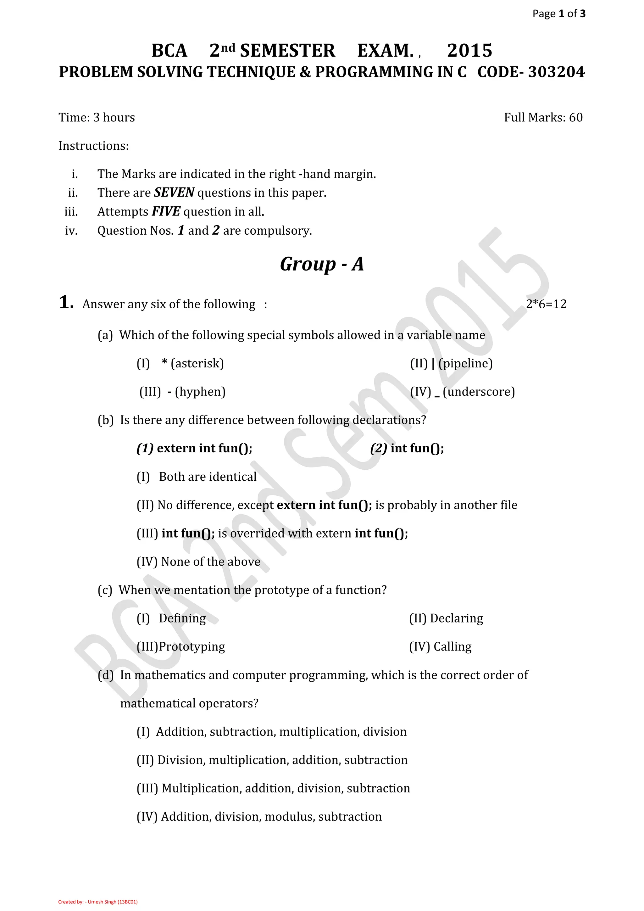 Problem solving technique & programming in c code 303204 bca 2nd semester exam. 2015 | PDF