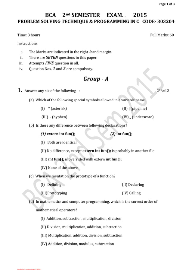 Problem solving technique & programming in c code 303204 bca 2nd semester exam. 2015 | PDF