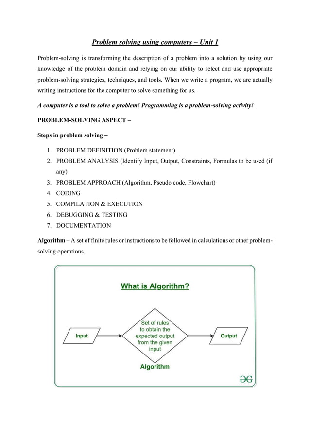Problem solving using computers - Unit 1 - Study material | PDF