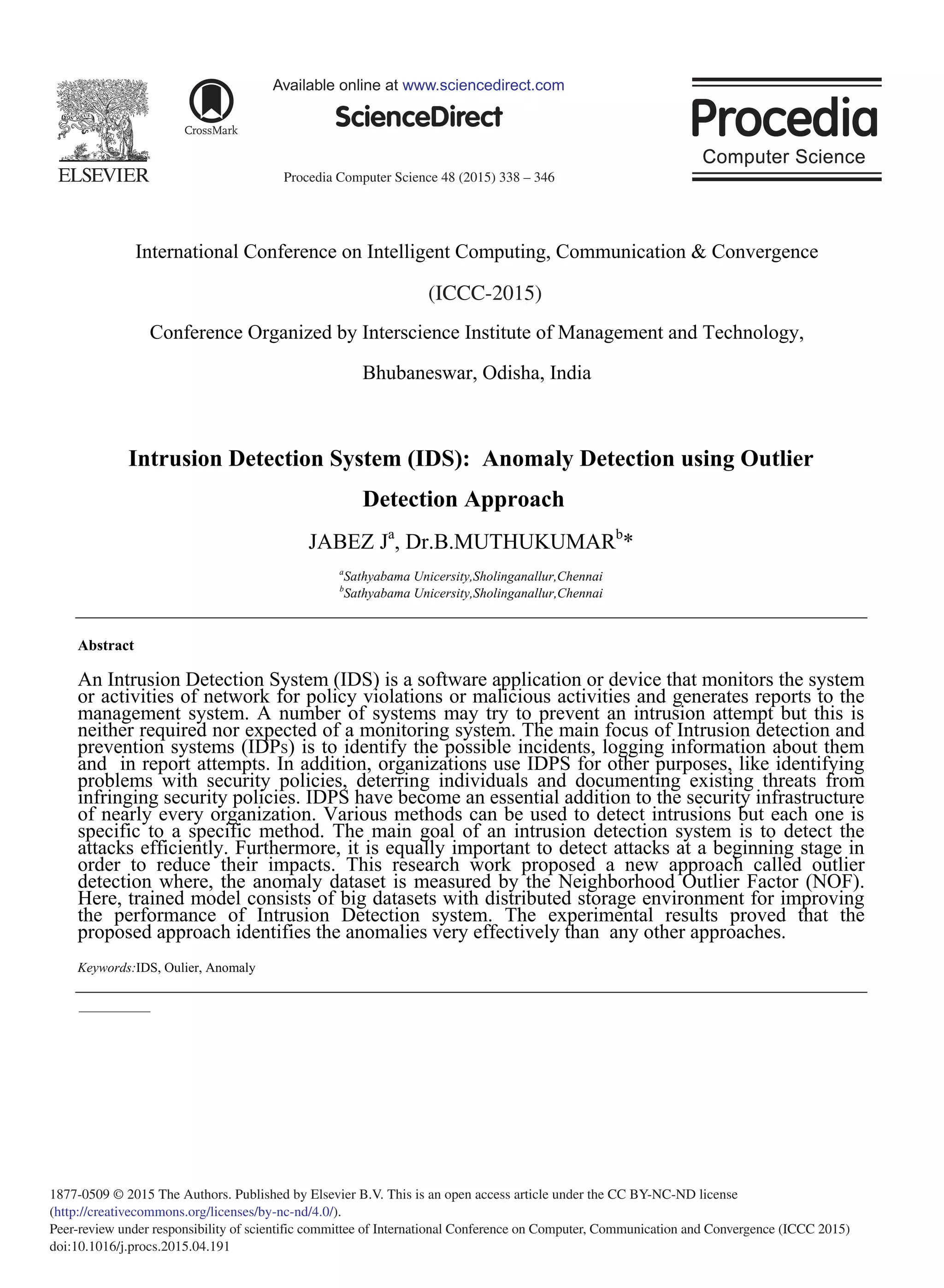 Intrusion Detection System Ids Anomaly Detection Using Outlier Detection Approach Pdf 7253