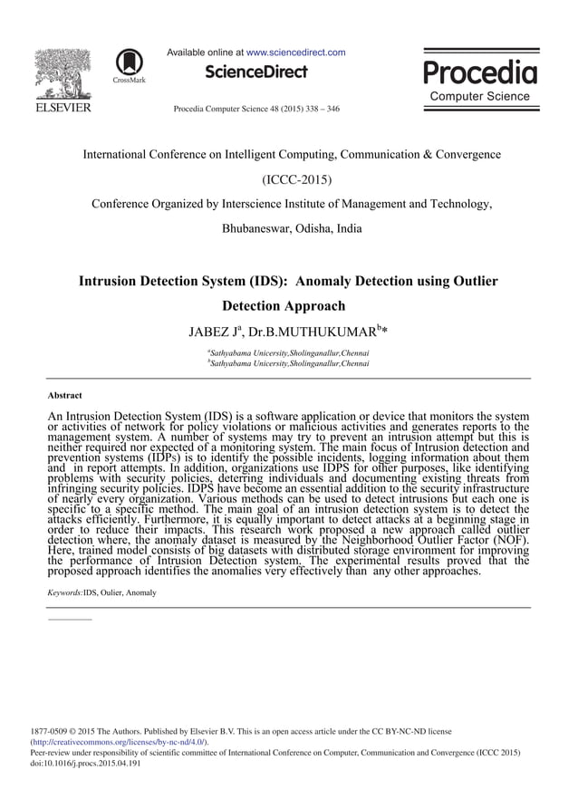 Intrusion Detection System (IDS): Anomaly Detection using Outlier Detection Approach | PDF