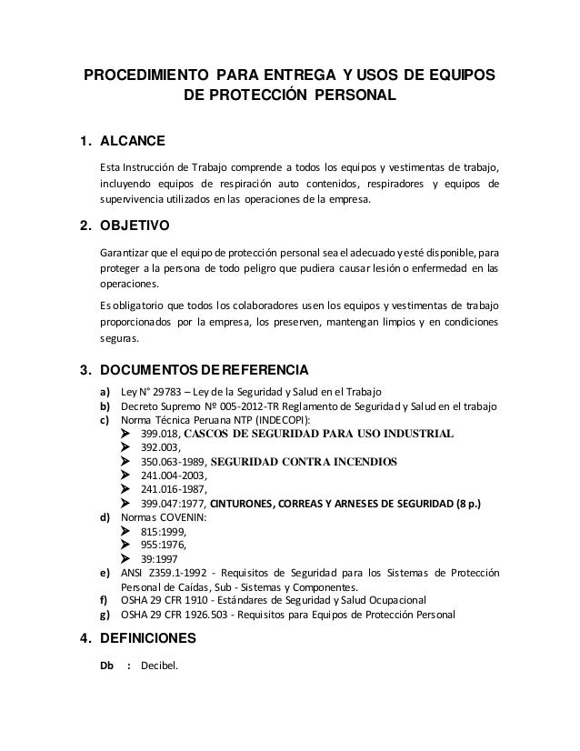 Procedimiento para entrega y usos de equipos de protección personal