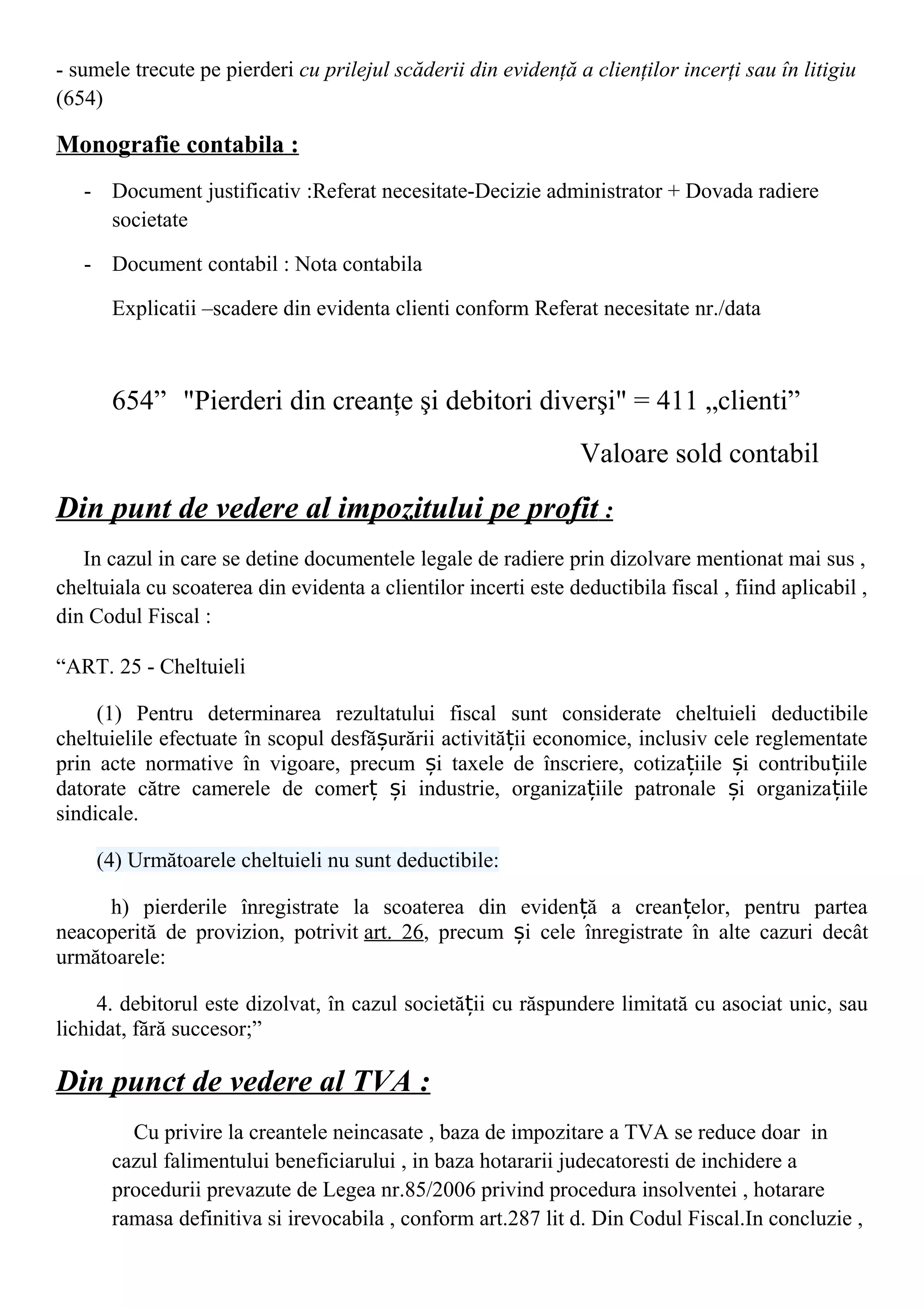 Procedura contabila scoatere din evidenta clienti art.237