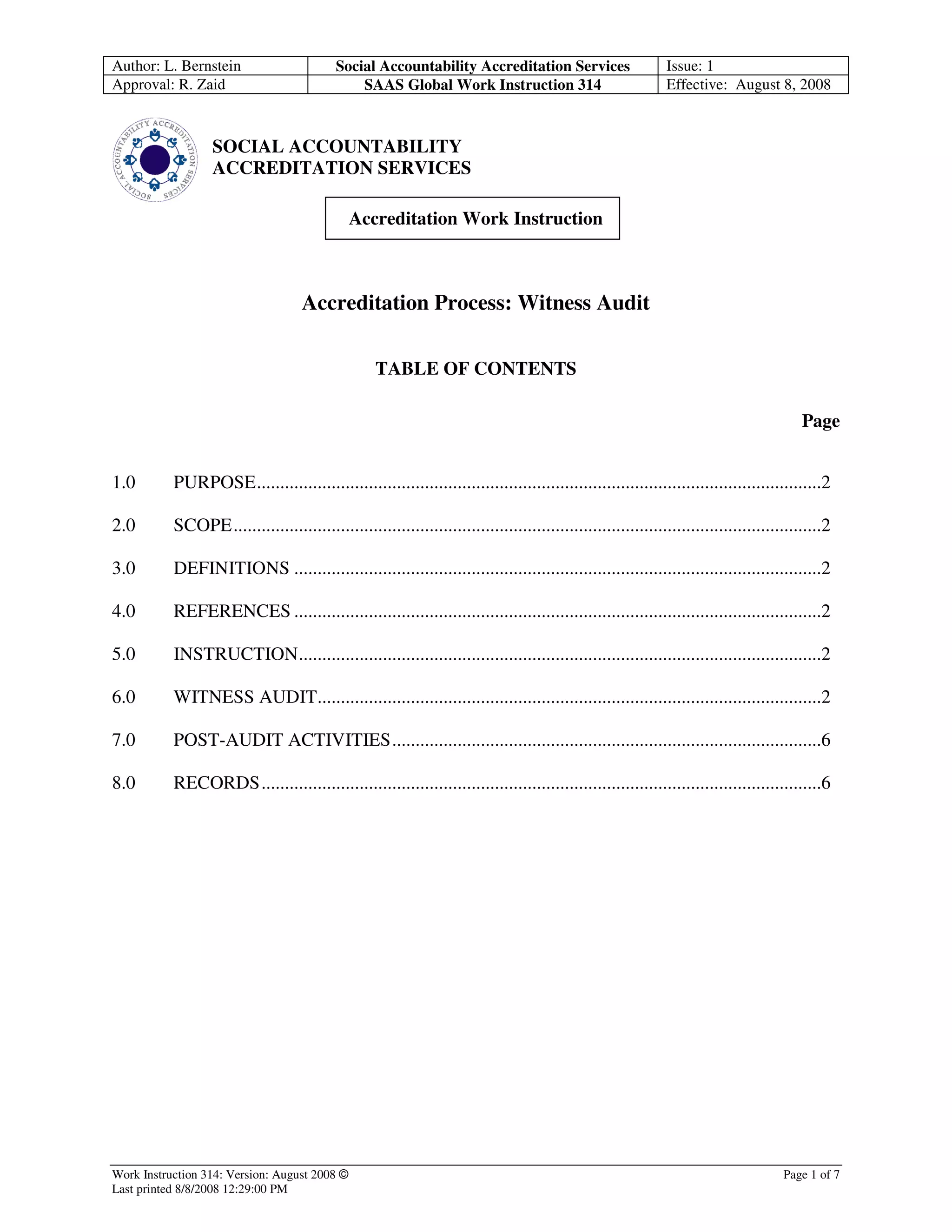 Procedure 314, august.2008, witness audit instructions | PDF