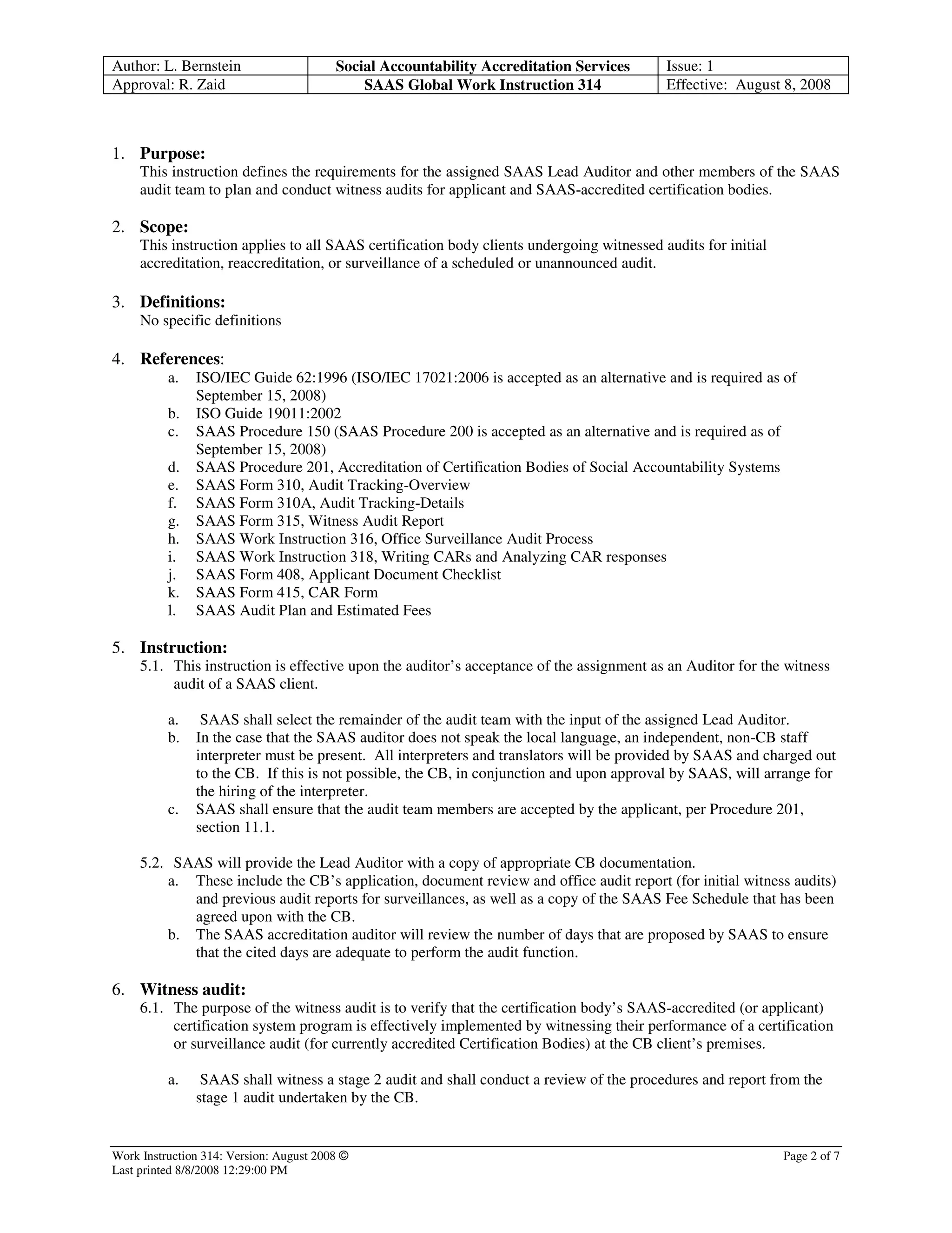 Procedure 314, august.2008, witness audit instructions | PDF