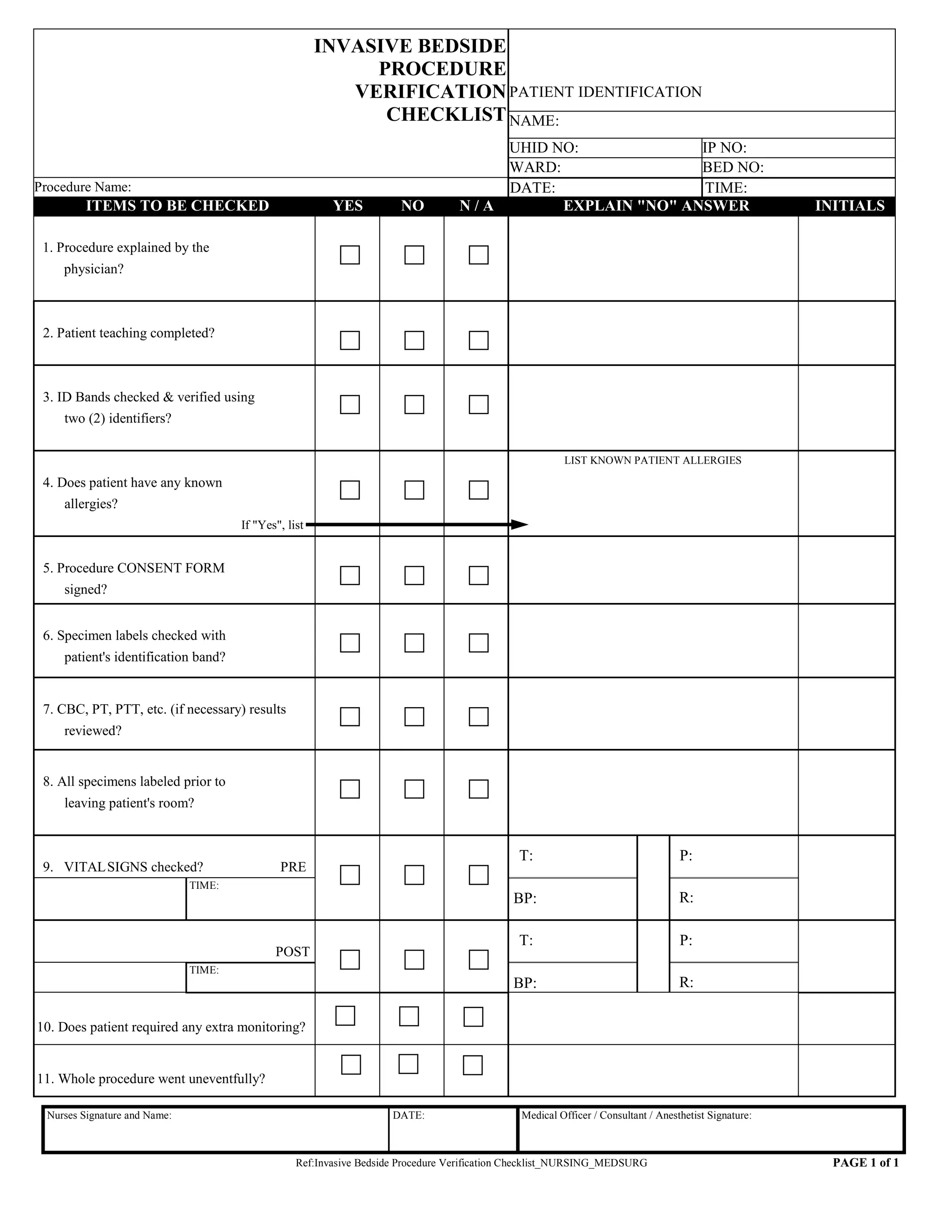 Invasive Bedside Procedure Verification Checklist or Bedside Invasive ...