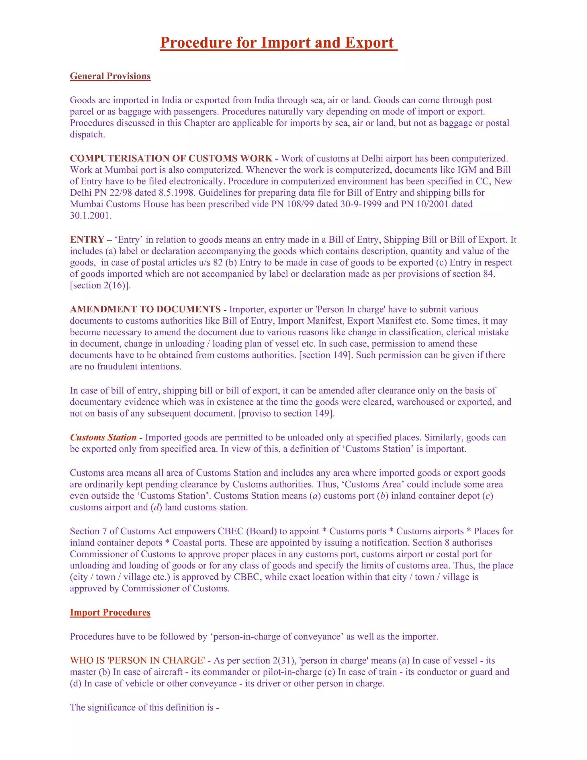 Procedure for import and export | PDF