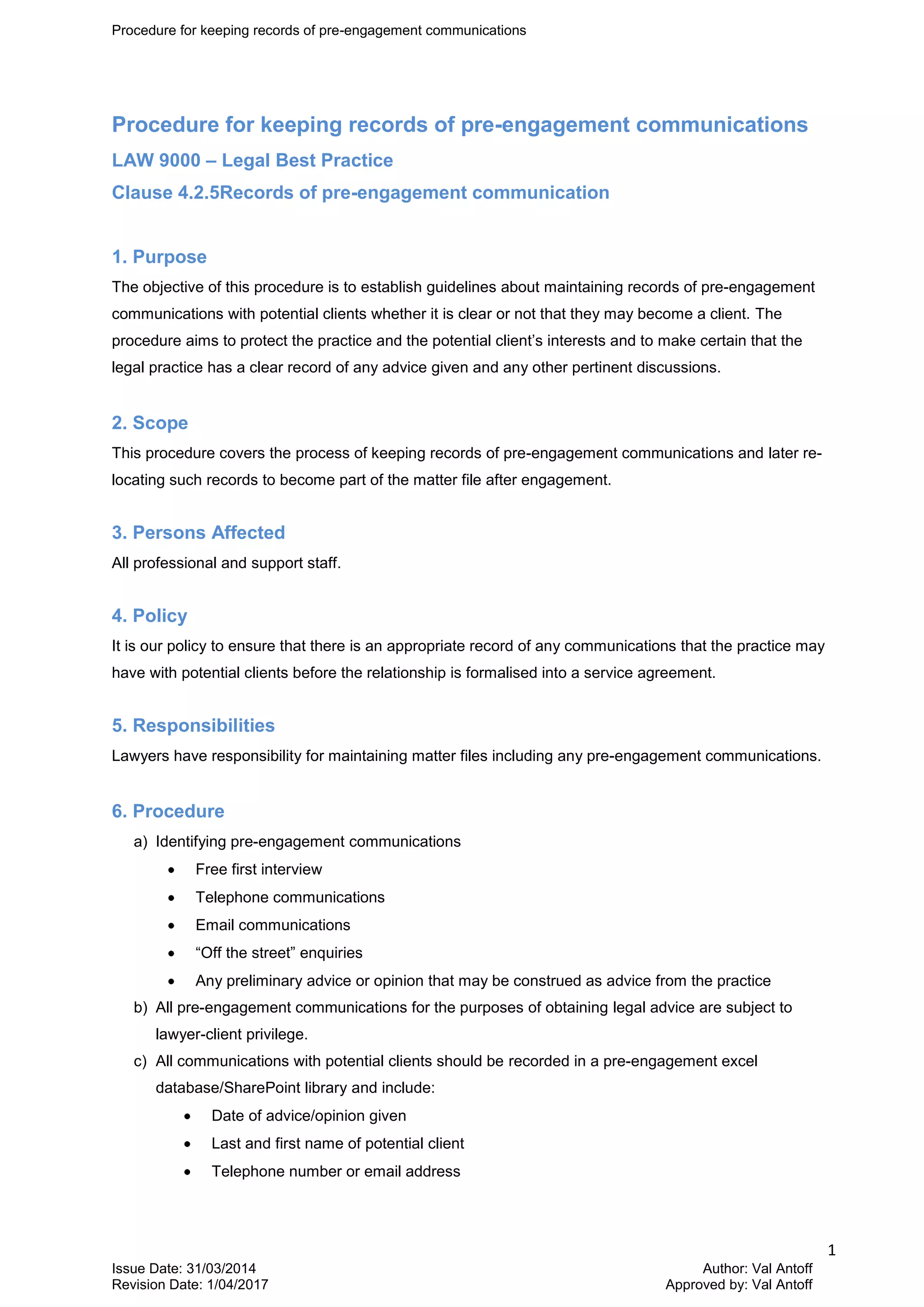 Procedure for keeping records of pre-engagement communication | DOCX