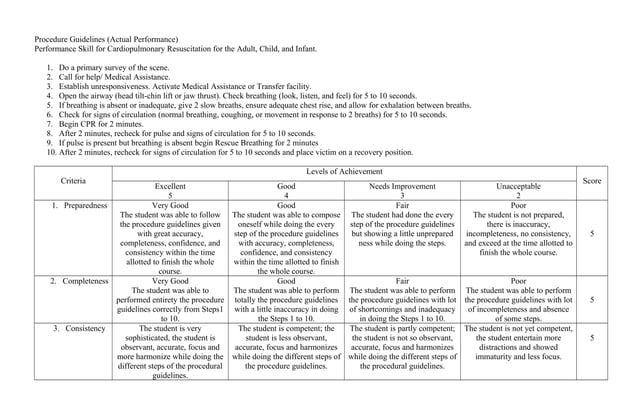 Procedure Guidelines - An example of performance rubrics | DOC | First ...
