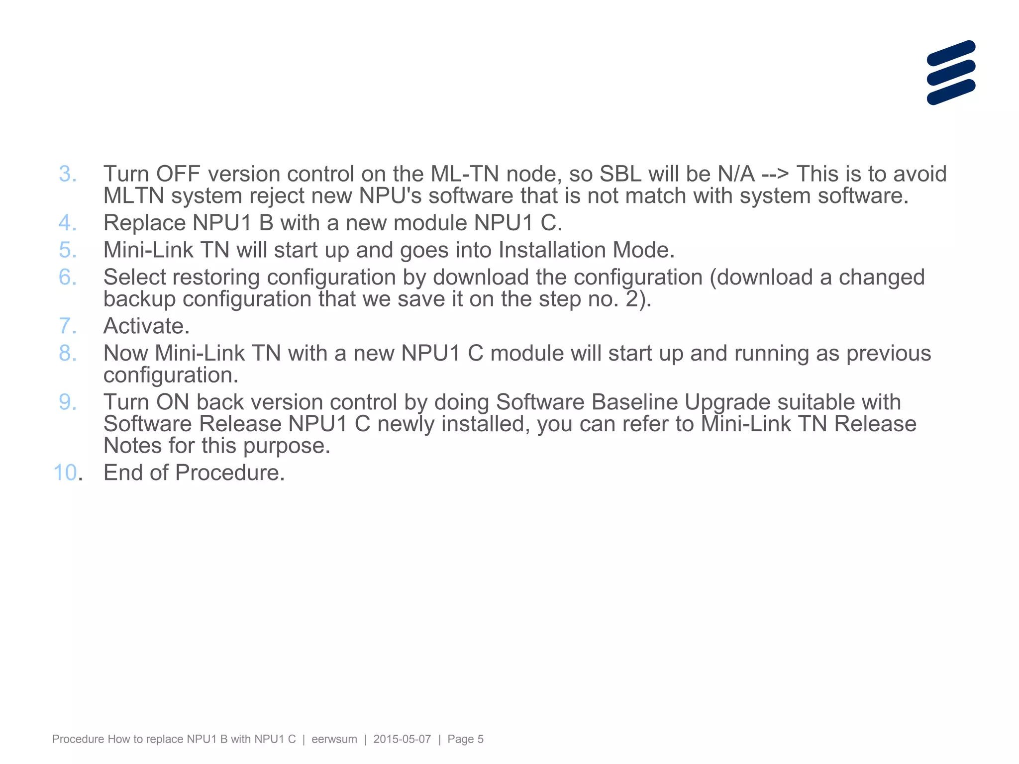 Procedure how to replace npu1 b with npu1 c | PDF