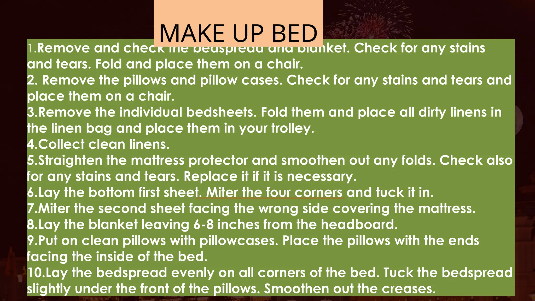 PROCEDURE IN CONDUCTING ROOM CHECK, TURN DOWN AND MAKE-UP BEDS.pptx