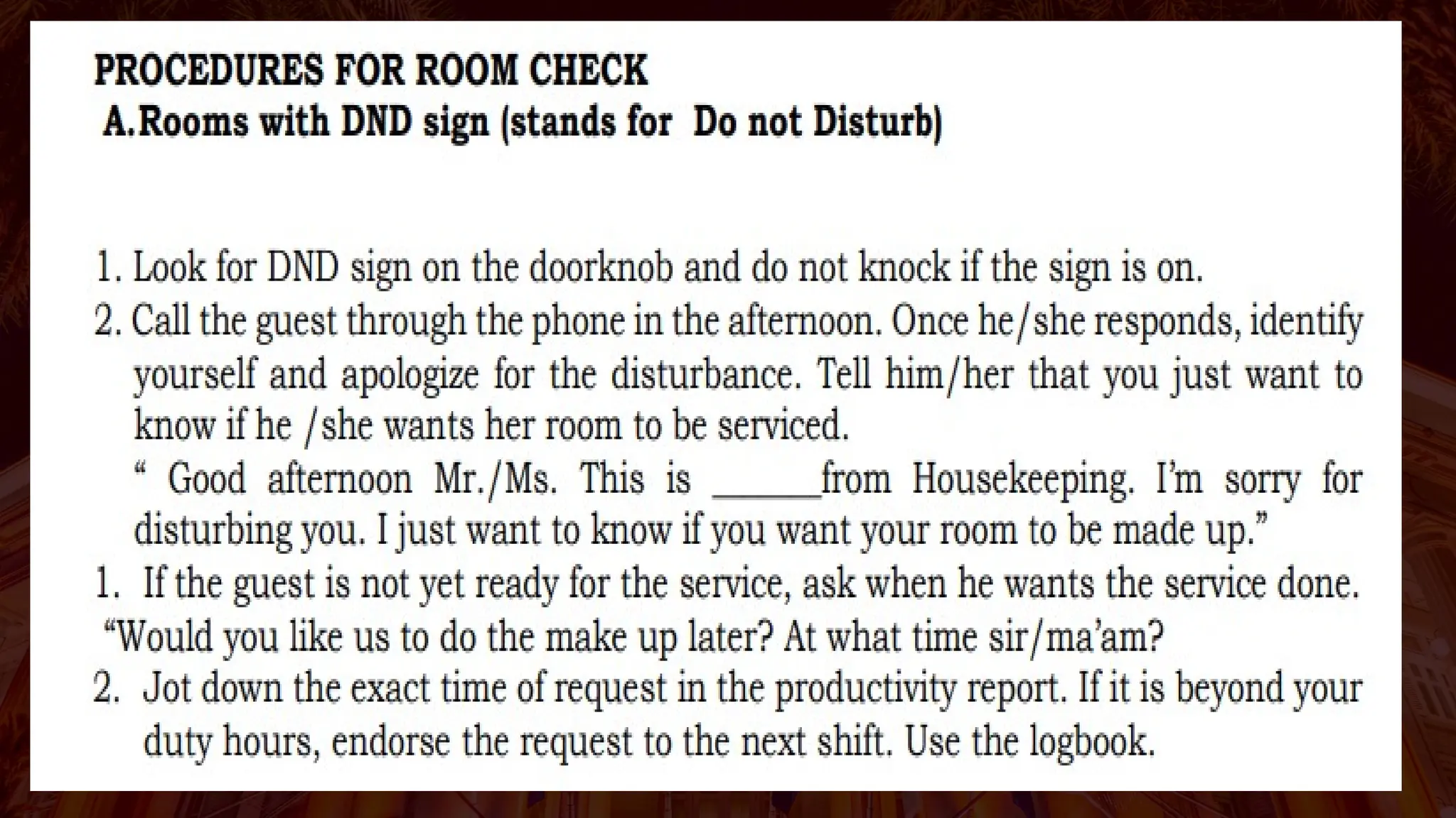 PROCEDURE IN CONDUCTING ROOM CHECK, TURN DOWN AND MAKE-UP BEDS.pptx