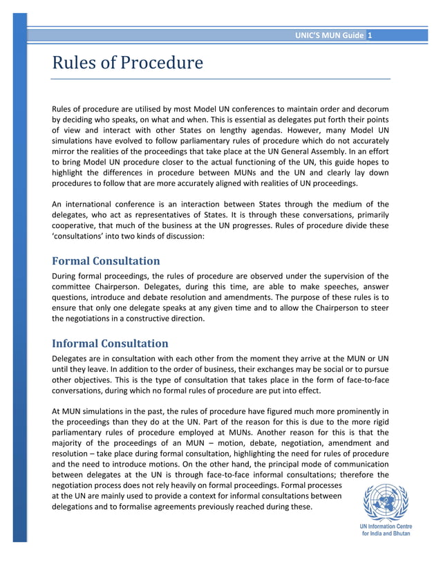 Procedures of Model United Nations (MUN), Rules and Regulations of ...