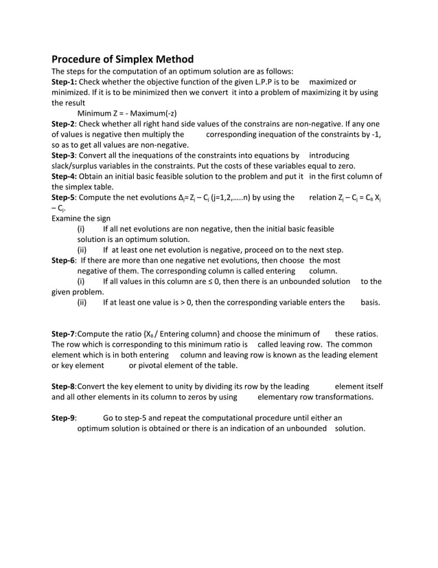 Procedure Of Simplex Method | DOC | Computer Software and Applications | Computing
