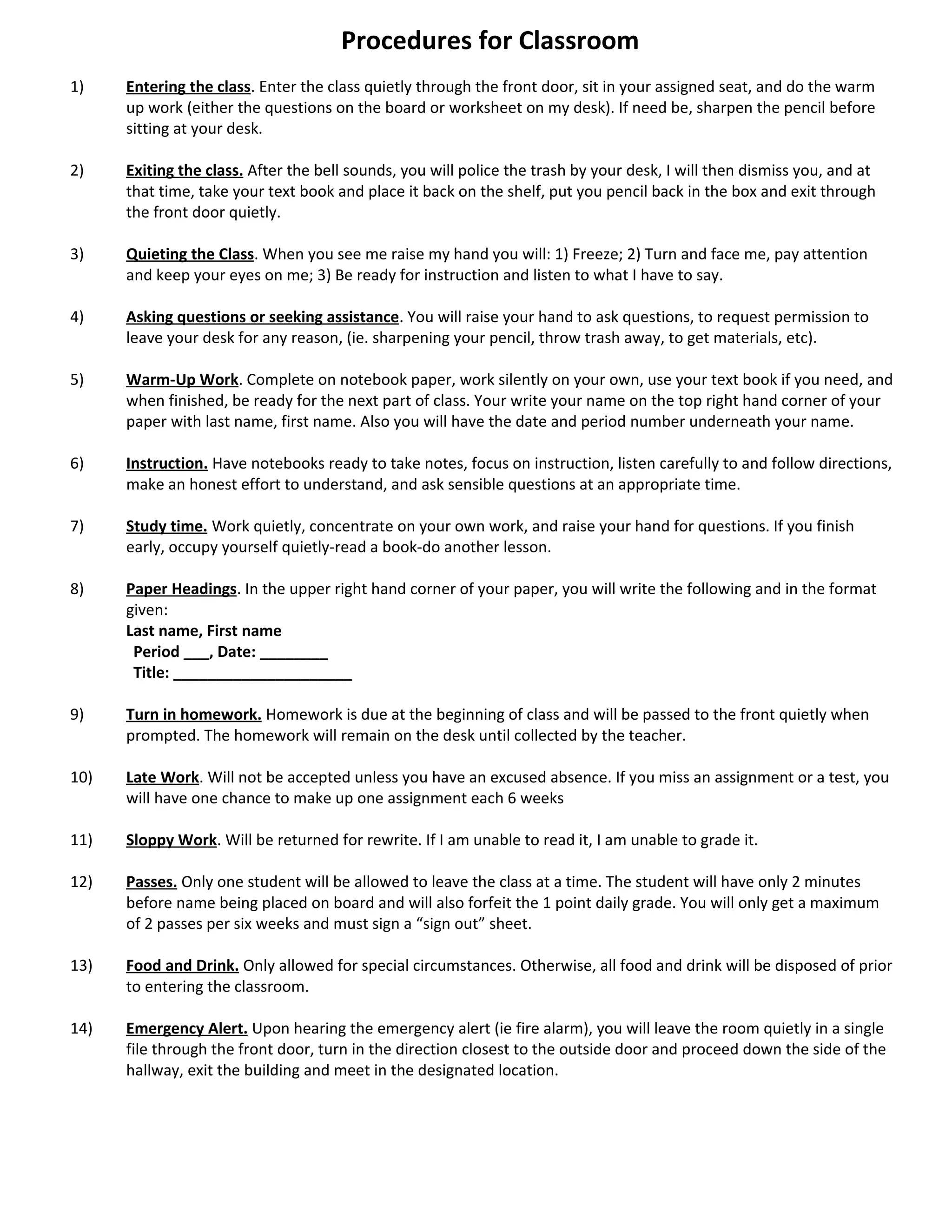 Procedures For Classroom | DOC