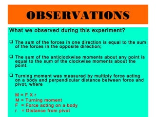 Procedures and observations for principle of moment experiment | PPT