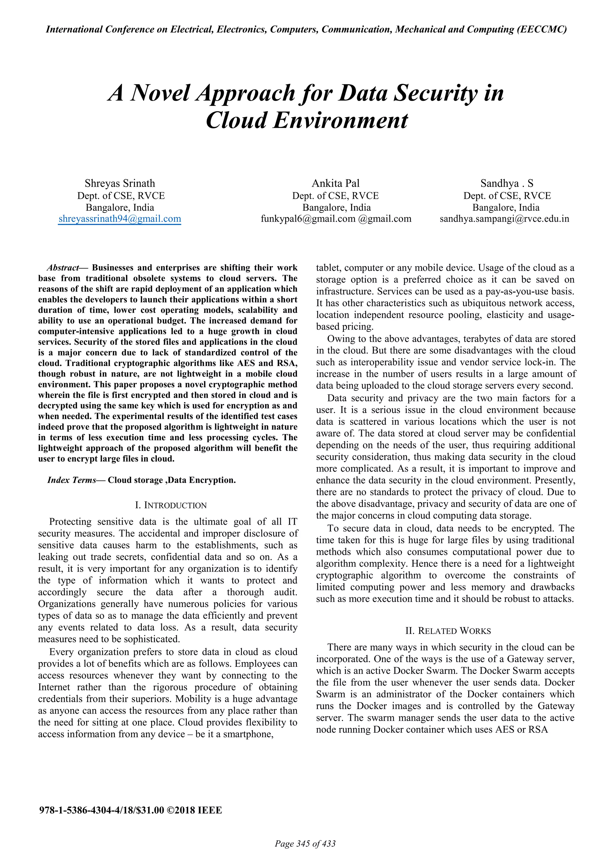 A Novel Approach for Data Security in Cloud Environment | PDF