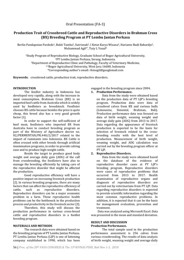 Proceeding of FAVA: Production Trait of Crossbreed Cattle and Reproductive Disorders in Brahman ...