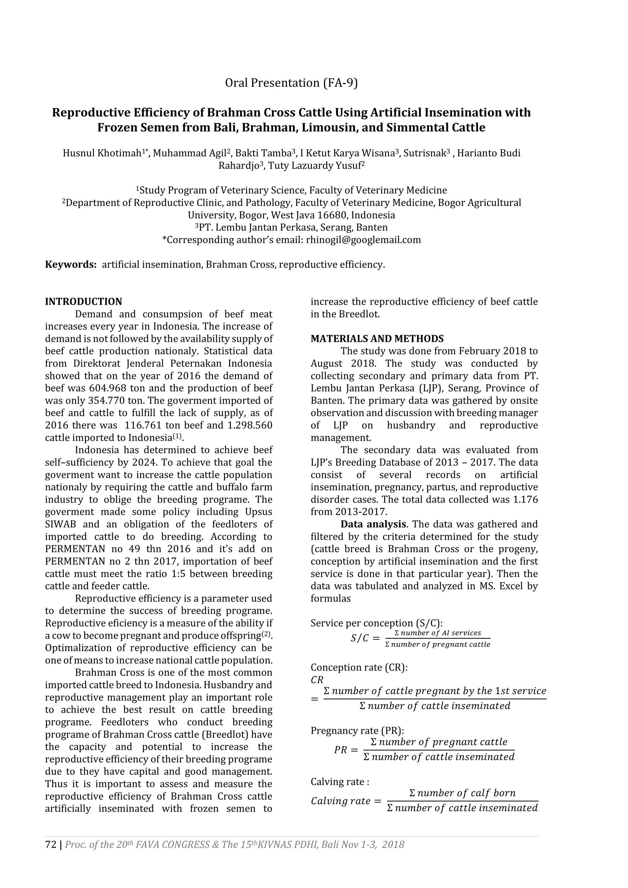 Proceeding of FAVA: Reproductive Efficiency of Brahman Cross Cattle Using artificial ...