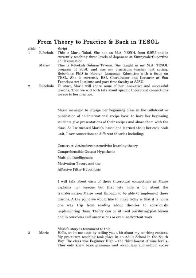 Theory to Practice Presentation Script | PDF